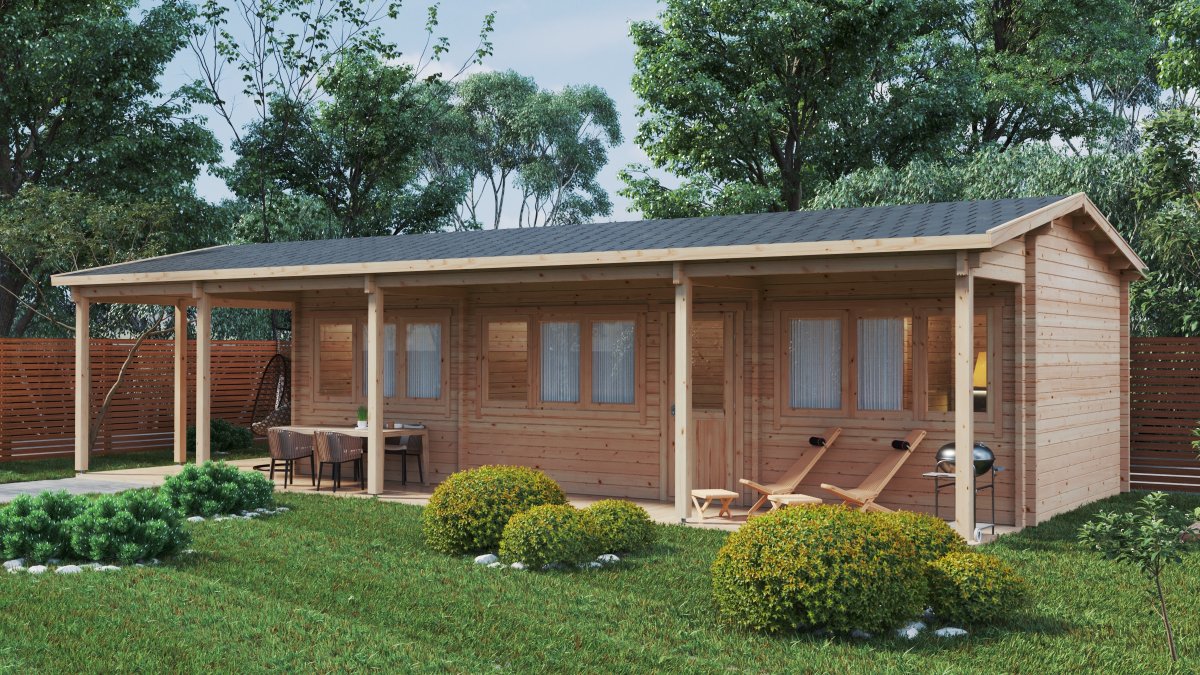 Blockhaus mit 2 Schlafzimmern und Terrasse "Edward" 13x6m